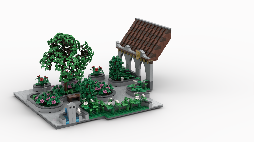 LEGO MOC H20 Palace Courtyard with park (flowers and tree) and fountain ...