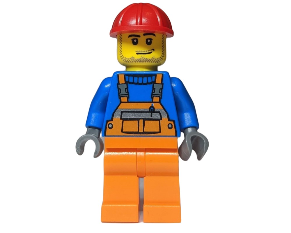 LEGO Set fig-000051 Worker, Orange Overalls over Blue Sweater, Red Hard ...