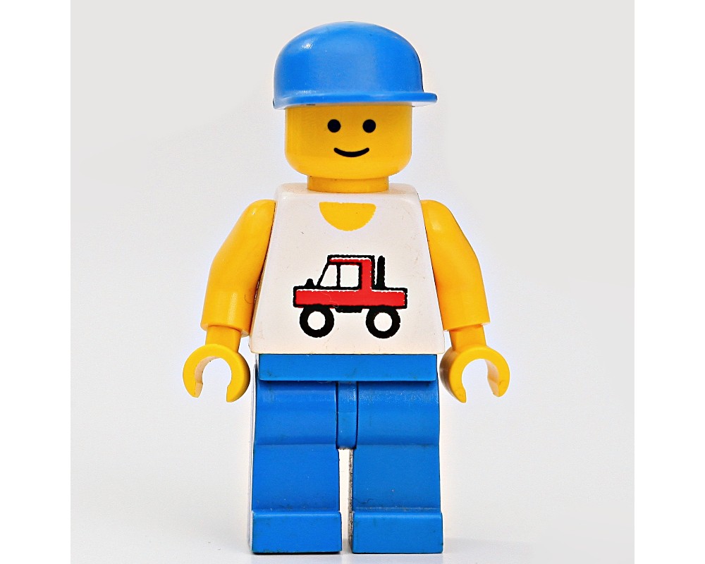LEGO Set fig-000183 Man, White Vest with Truck, Blue Legs, Blue Cap ...