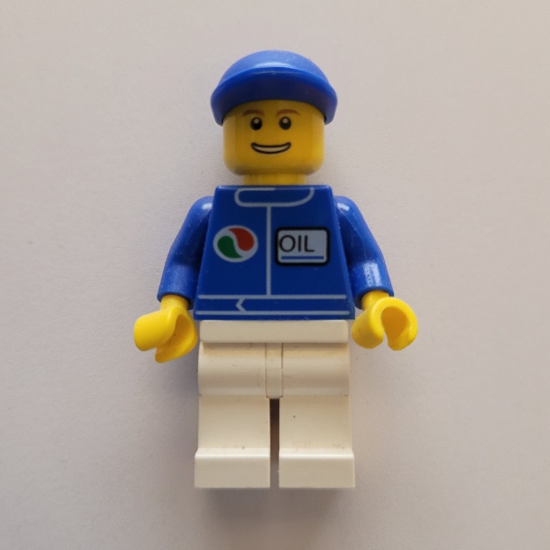 LEGO Set fig-000265 Man, Blue Jacket with Octan Logo, White Legs, Blue ...