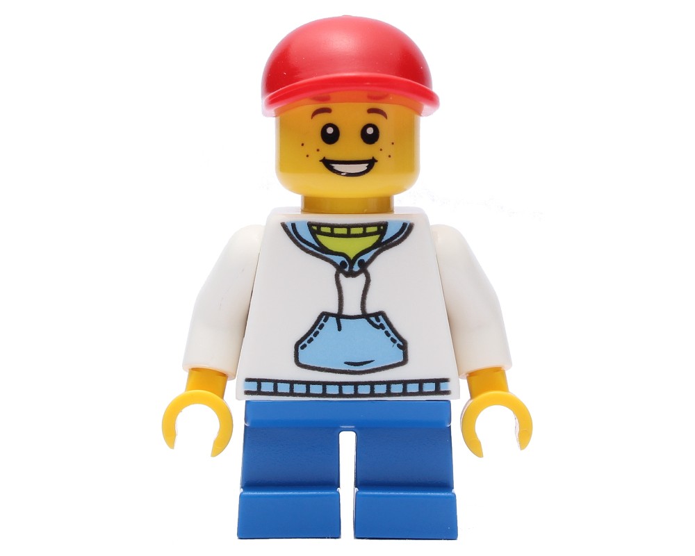 LEGO Set fig-000437 Boy, White and Blue Hoodie, Short Blue Legs, Red ...