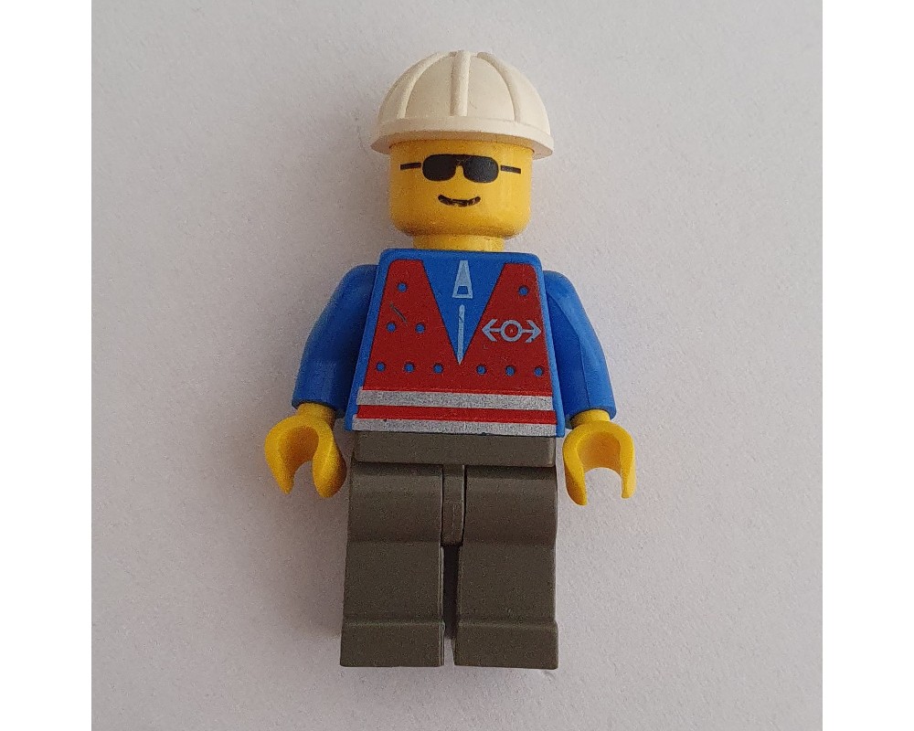 LEGO Set fig-000580 Train Worker - Red Vest, Dark Gray Legs, White ...