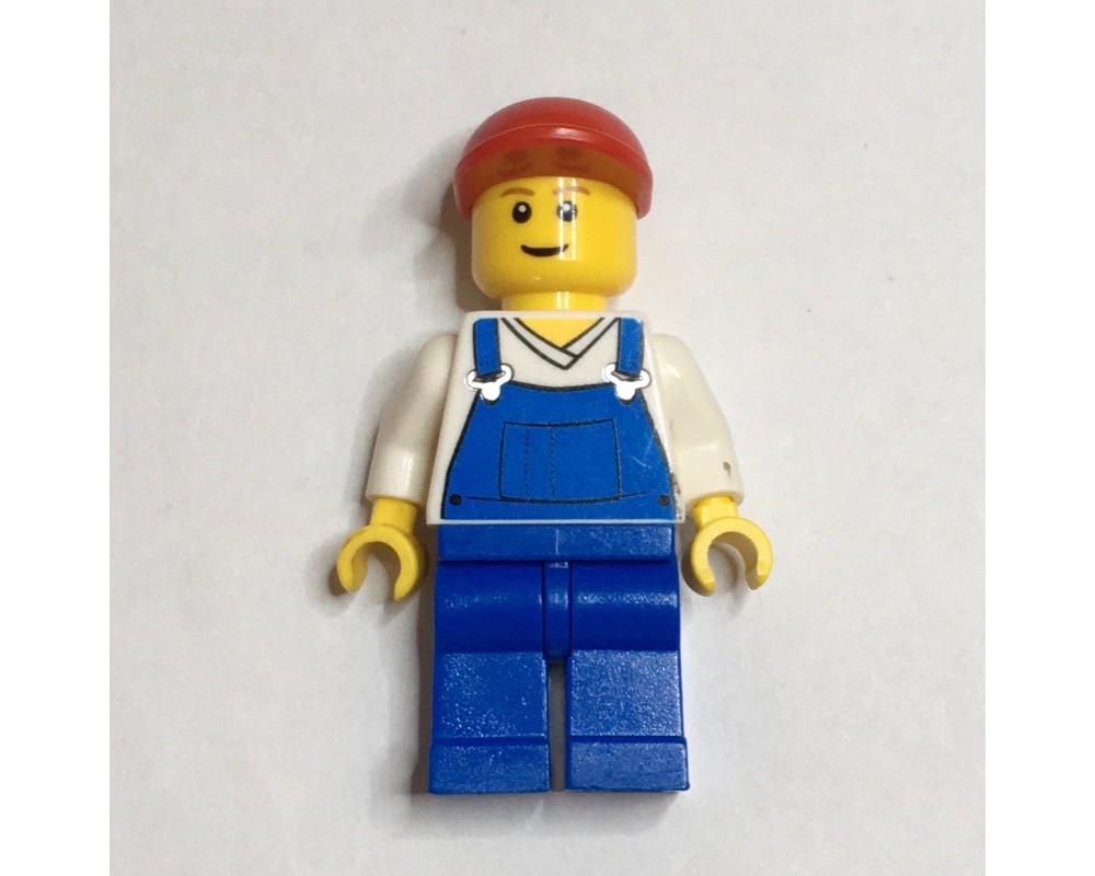 LEGO Set fig-000633 Man, Blue Overalls over White V-Neck Shirt, Red Cap ...