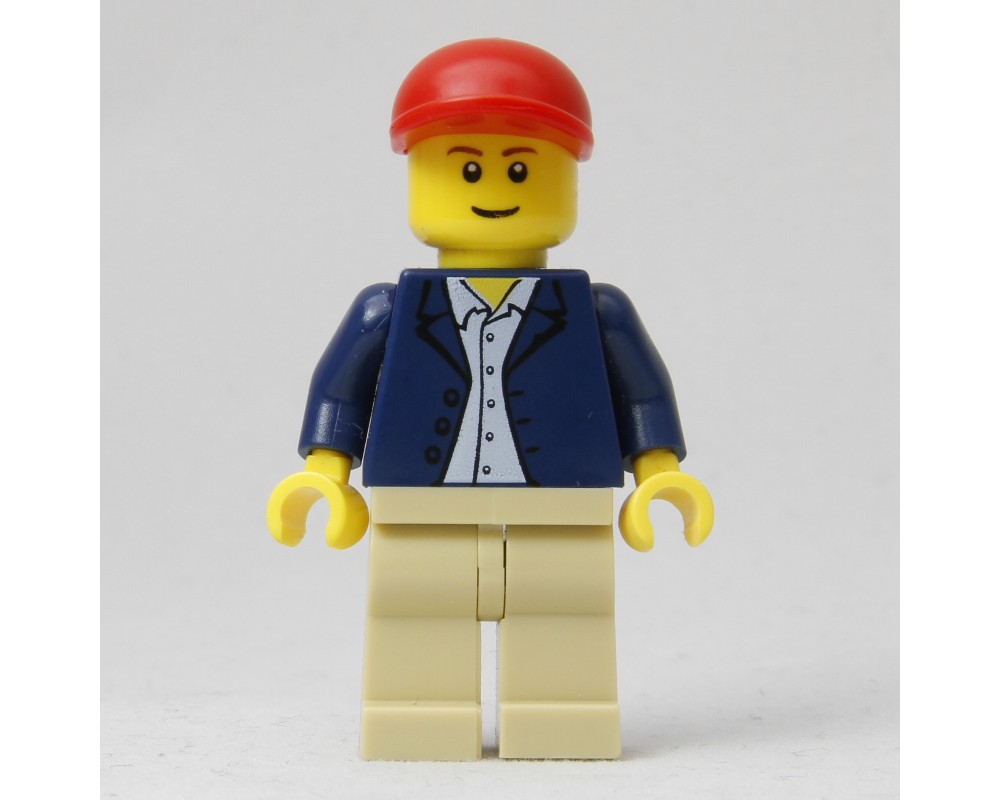 LEGO Set fig-000640 Man, Open Dark Blue Jacket, Tan Legs, Red Cap ...