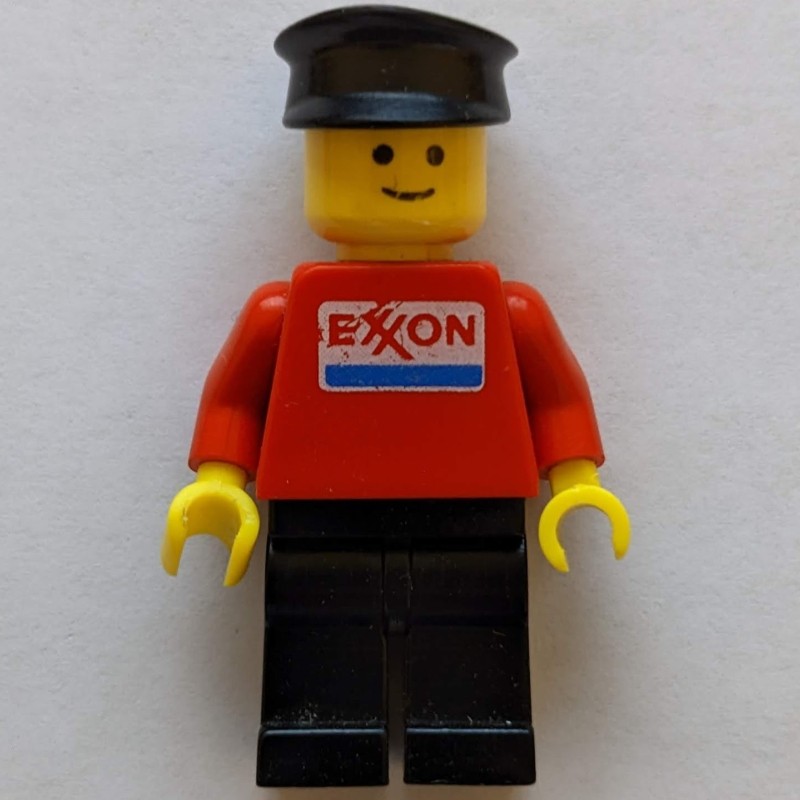 LEGO Set fig-000726 Man, Red Top with Exxon Logo, Black Legs, Black Hat ...