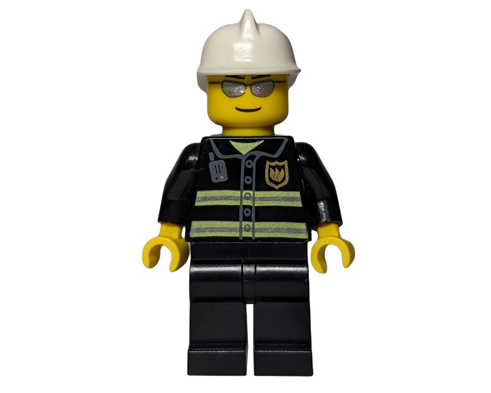 LEGO Set fig-000786 Fireman, Black Fire Jacket, White Helmet, Silver ...