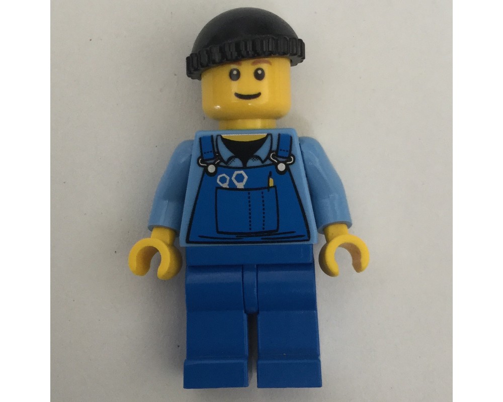 LEGO Set fig-000831 Man, Blue Overalls over Shirt, Blue Legs, Black Hat ...