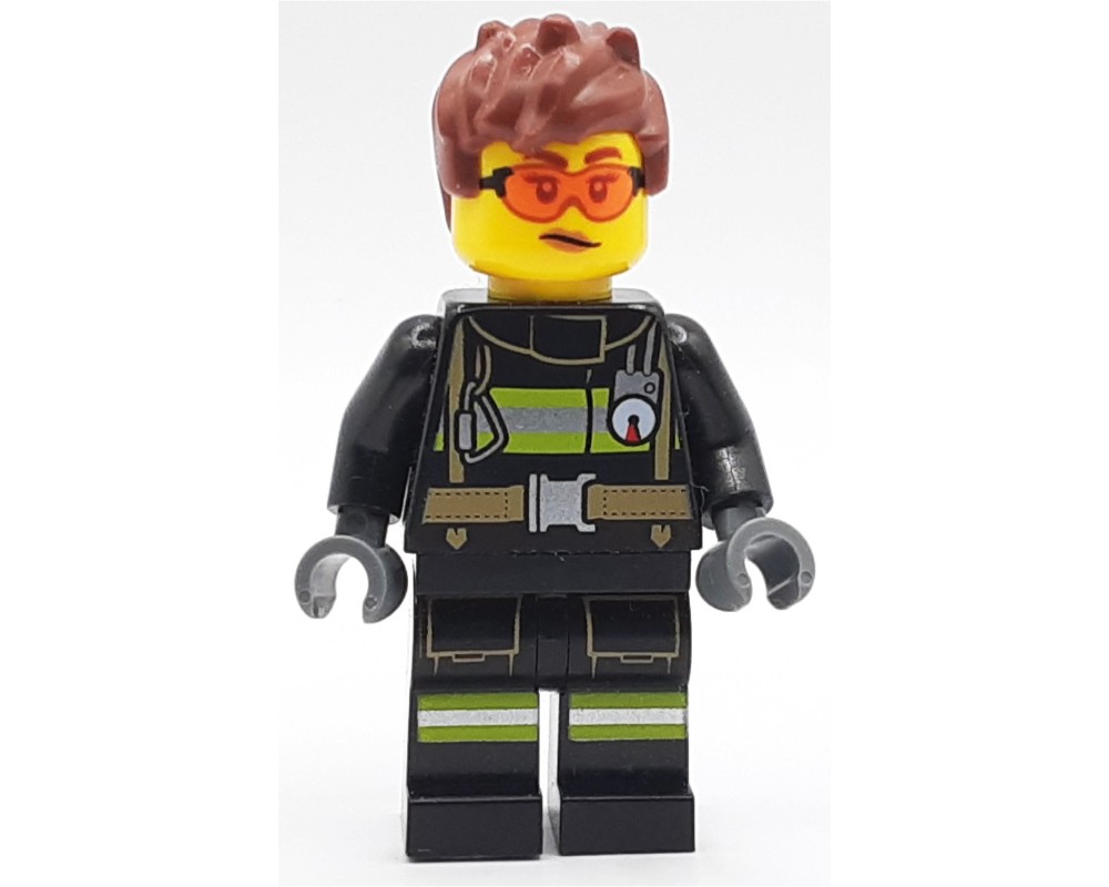 LEGO Set fig-000884 Firefighter, Black Fire Suit, Reddish Brown Hair ...