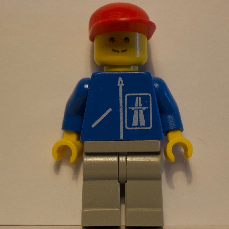 LEGO Set fig-001007 Man, Blue Jacket with Highway Logo, Light Gray Legs ...