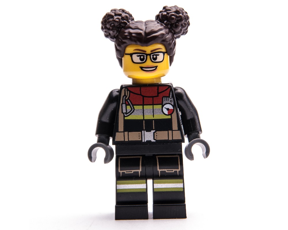 LEGO Set fig-001075 Firefighter, Black Fire Suit, Dark Brown Hair with ...