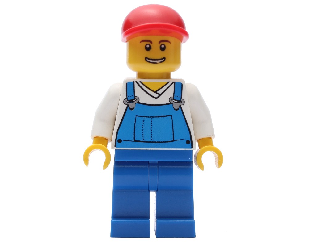 LEGO Set fig-001143 Man, Blue Overalls over White V-Neck Shirt, Red Cap ...