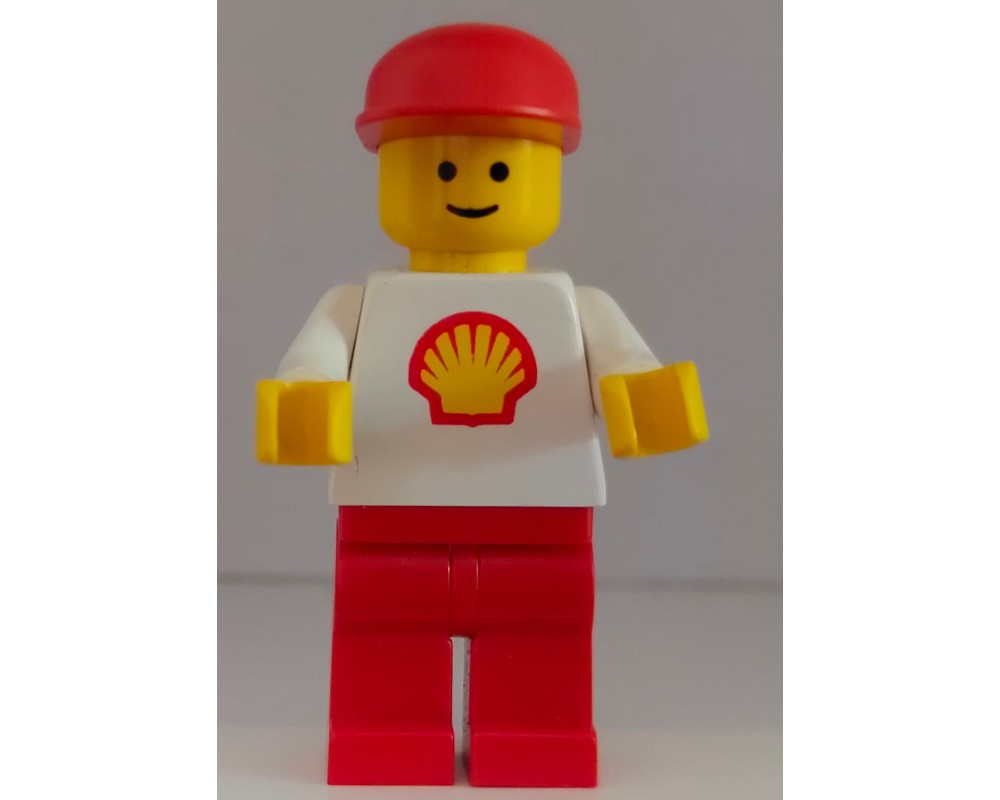LEGO Set fig-001184 Man, White Torso with Shell Logo, Red Legs, Red Cap ...