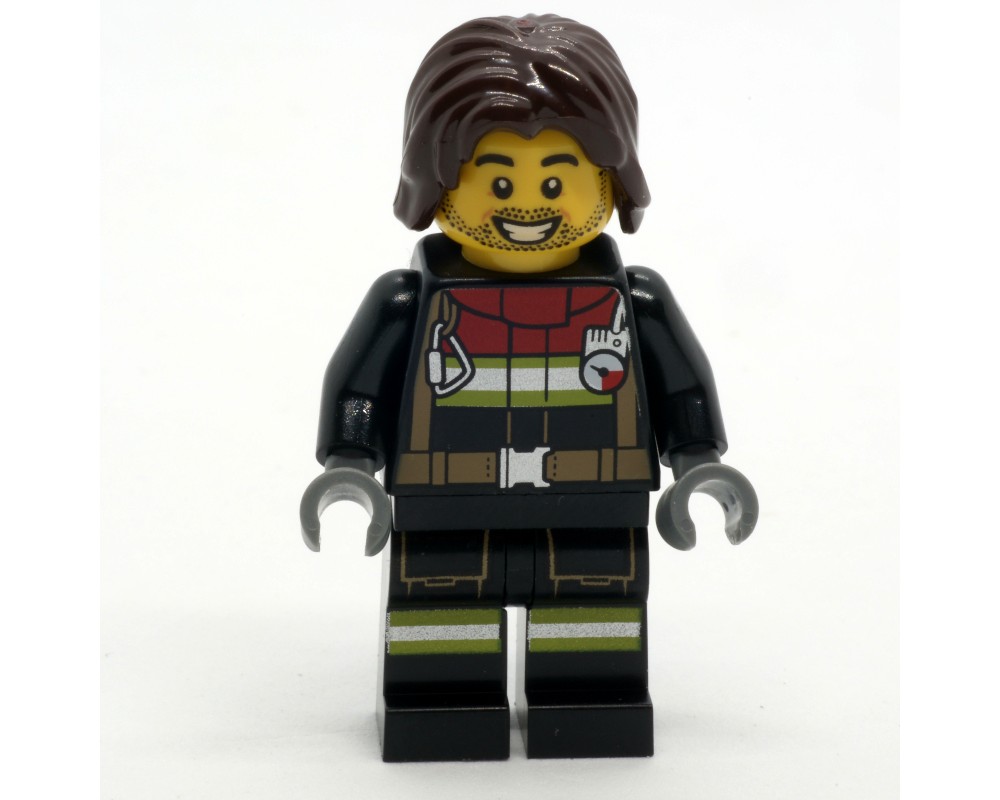 LEGO Set fig-001244 Firefighter, Black Fire Suit, Dark Brown Hair ...
