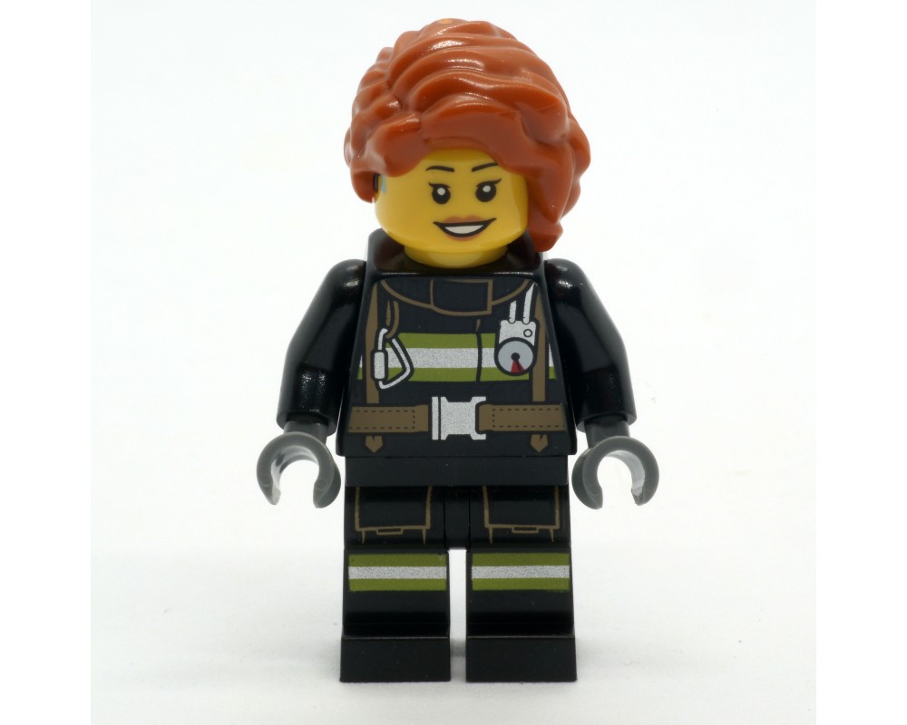 LEGO Set fig-001294 Firefighter, Black Fire Suit, Dark Orange Long Hair ...