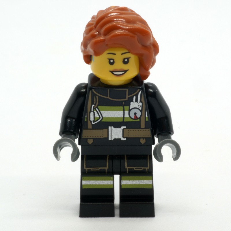 LEGO Set fig-001294 Firefighter, Black Fire Suit, Dark Orange Long Hair ...