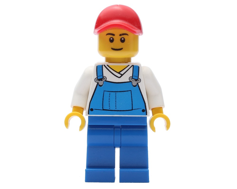 LEGO Set fig-001368 Man, Blue Overalls over White V-Neck Shirt, Red Cap ...