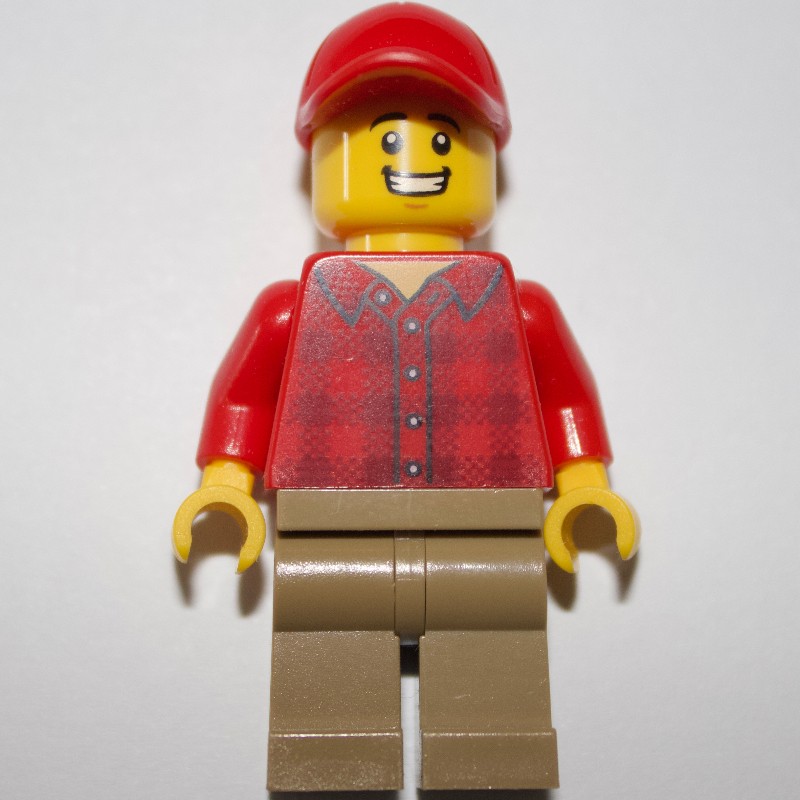LEGO Set fig-001951 Man, Red Flannel Shirt, Dark Tan Legs, Red Cap ...