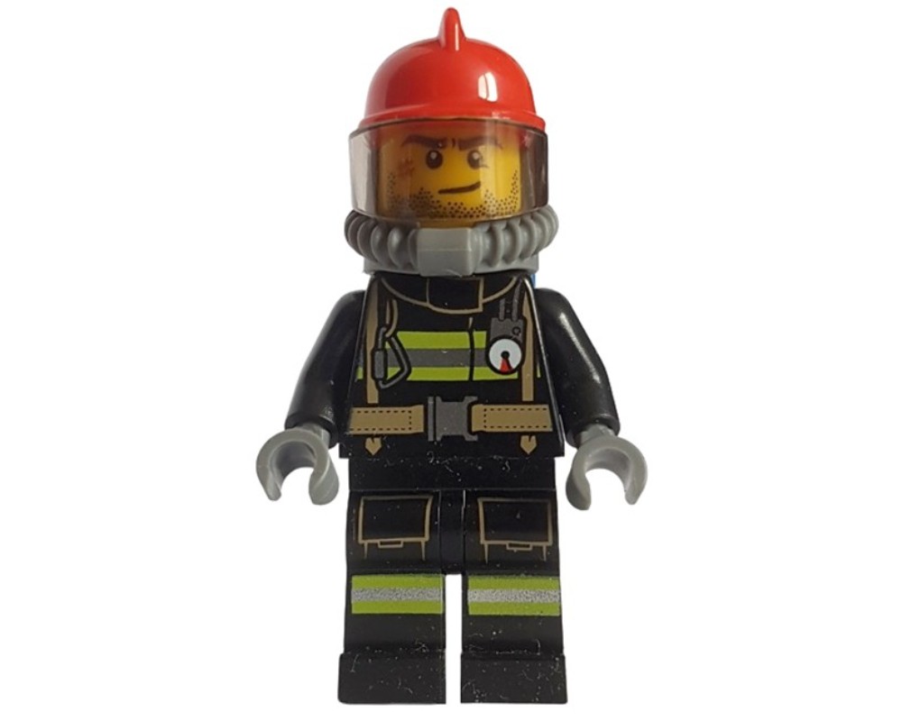 LEGO Set fig-001982 Fireman, Black Fire Suit with Gauge and Straps, Red ...