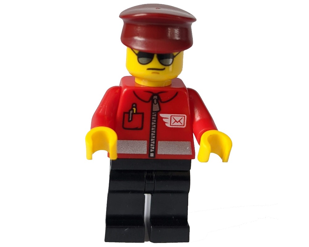 LEGO Set fig-002115 Postal Worker, Red Jacket with Winged Letter Logo ...