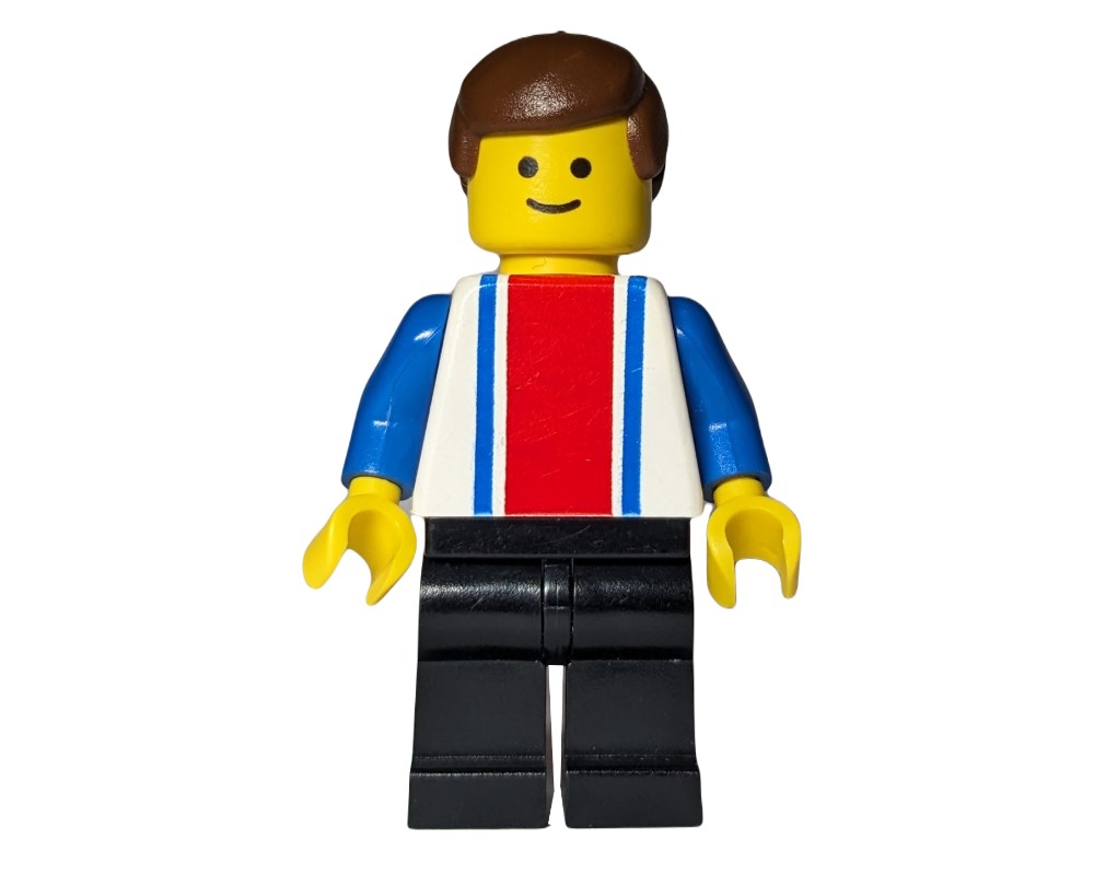 LEGO Set fig-004468 Man - White Torso with Blue/Red Stripes, Black Legs ...