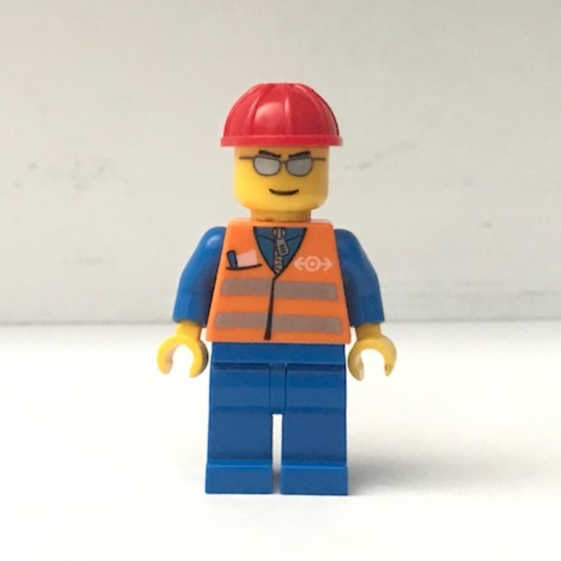 LEGO Set fig-004740 Worker - Orange Safety Vest, Blue Legs, Red Helmet ...
