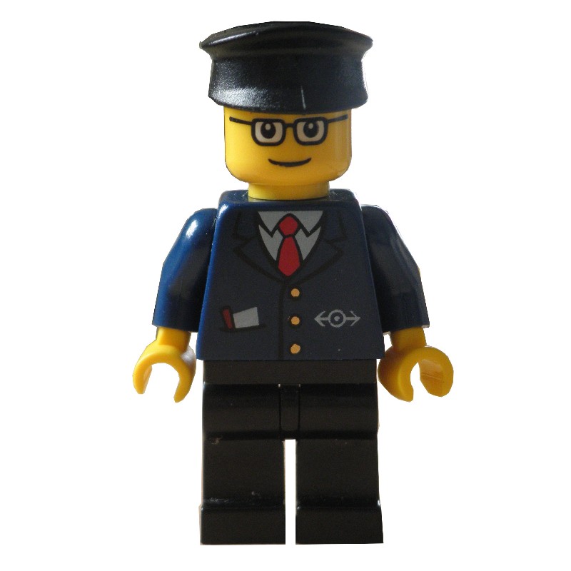 LEGO Set fig-004755 Conductor - Dark Blue Jacket, Black Legs, Black Hat ...