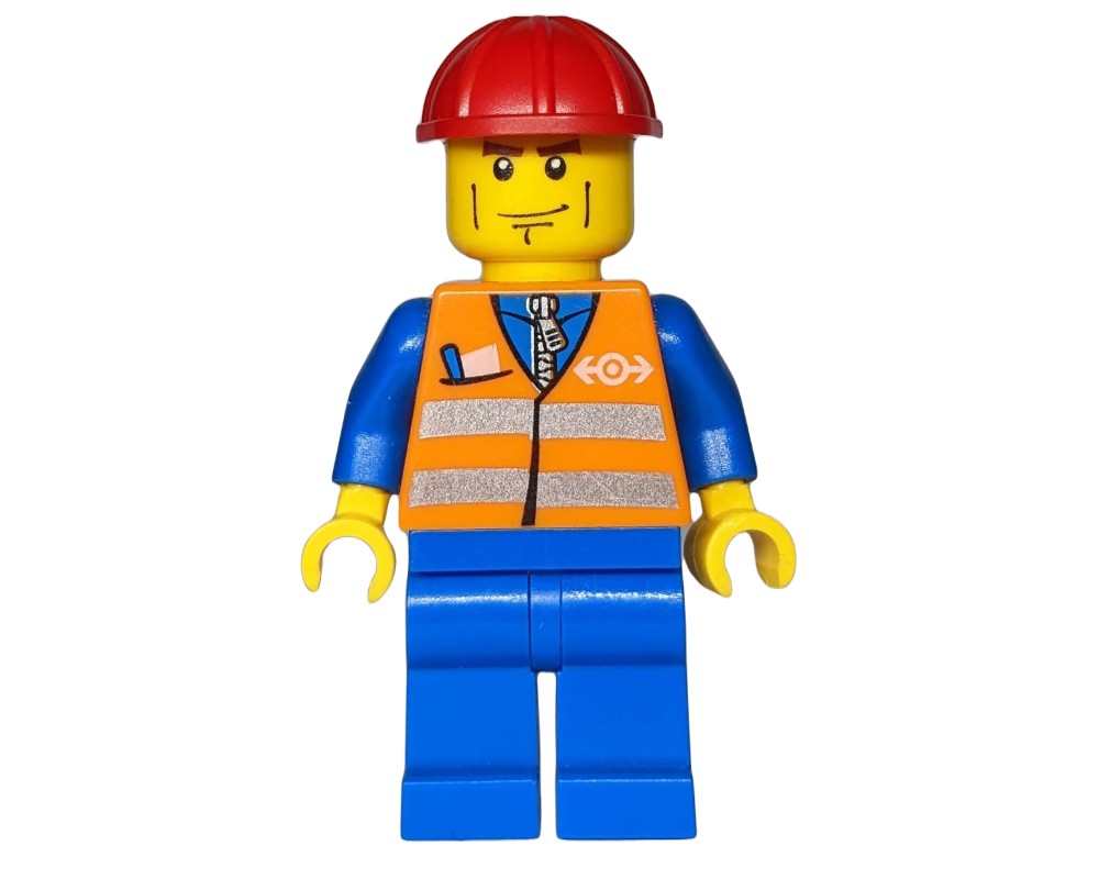 LEGO Set fig-004771 Worker - Orange Safety Vest, Blue Legs, Red Helmet ...