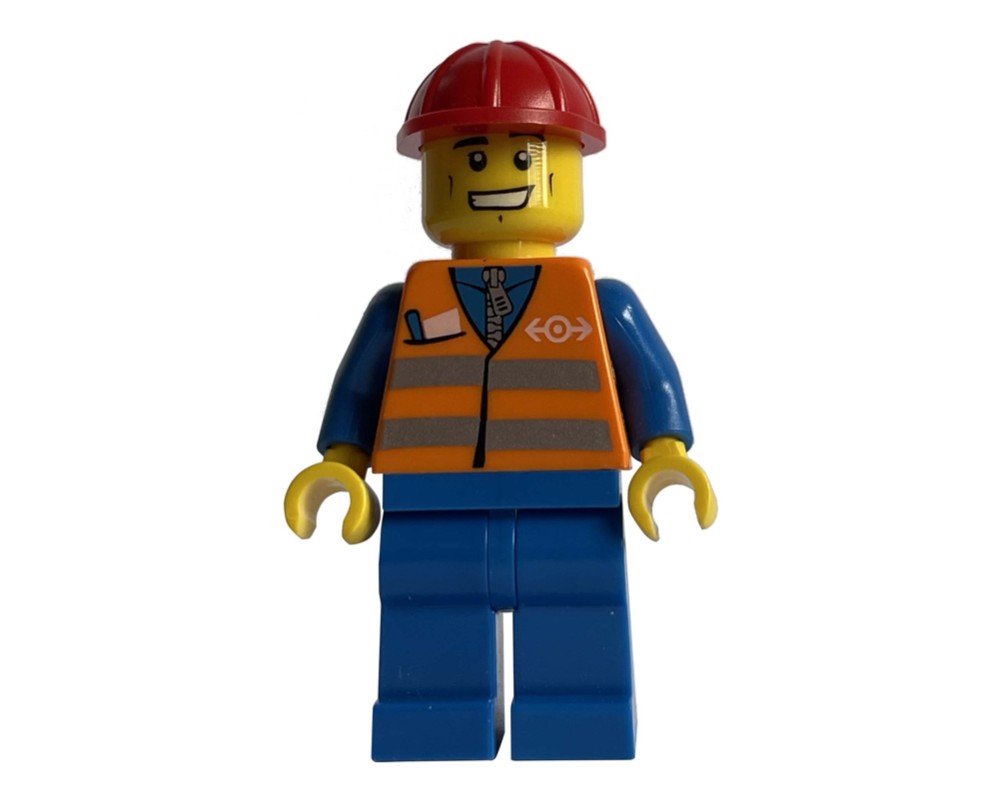 LEGO Set fig-004773 Worker - Orange Safety Vest, Blue Legs, Red Helmet ...