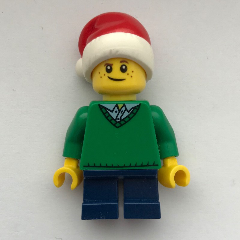 LEGO Set fig-006796 Boy, Green Sweater, Short Dark Blue Legs, Santa Hat ...