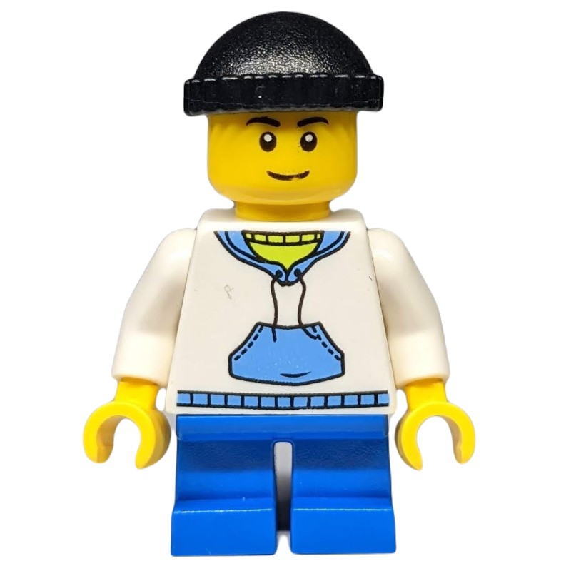 LEGO Set fig-007398 Boy, White and Blue Hoodie, Short Blue Legs, Black ...