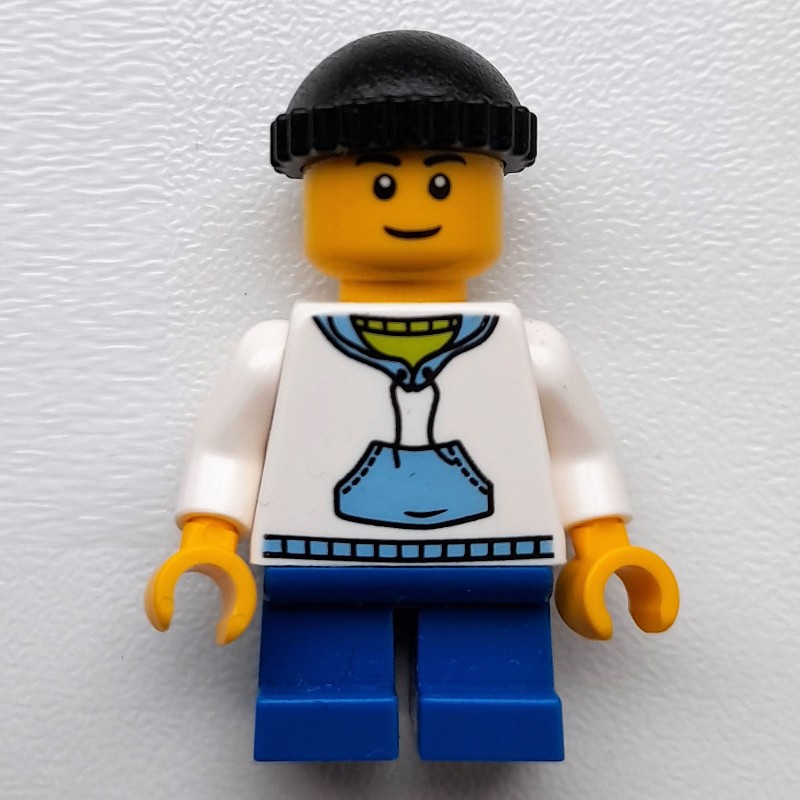 LEGO Set fig-007398 Boy, White and Blue Hoodie, Short Blue Legs, Black ...