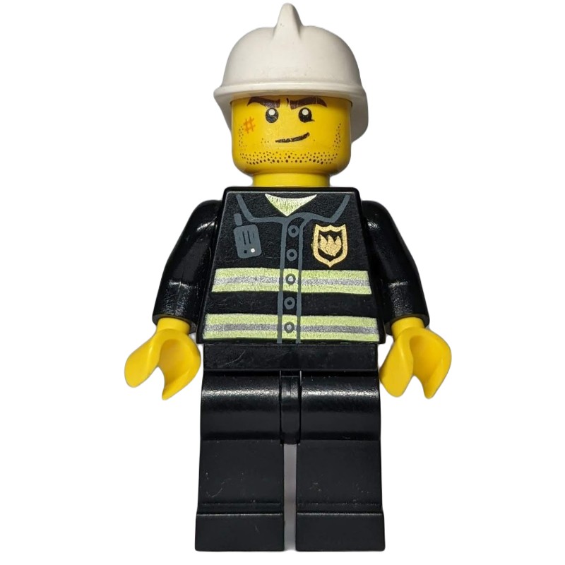 LEGO Set fig-007432 Fireman, Black Fire Jacket with Badge, White Helmet ...