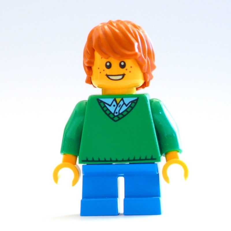 LEGO Set fig-007580 Boy, Green Sweater, Short Blue Legs, Dark Orange ...