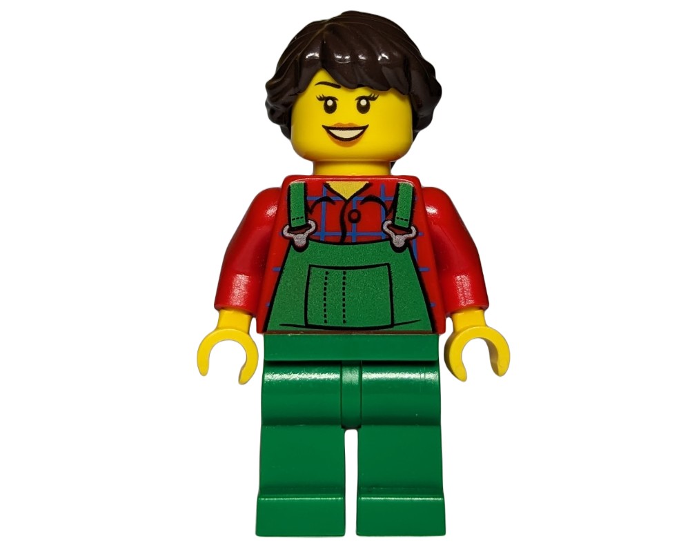 LEGO Set fig-007586 Woman, Green Overalls over Red Paid Shirt, Dark ...