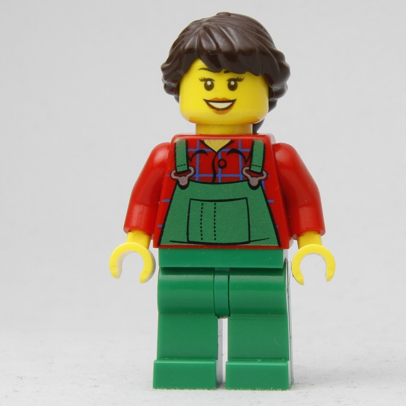 LEGO Set fig-007586 Woman, Green Overalls over Red Paid Shirt, Dark ...