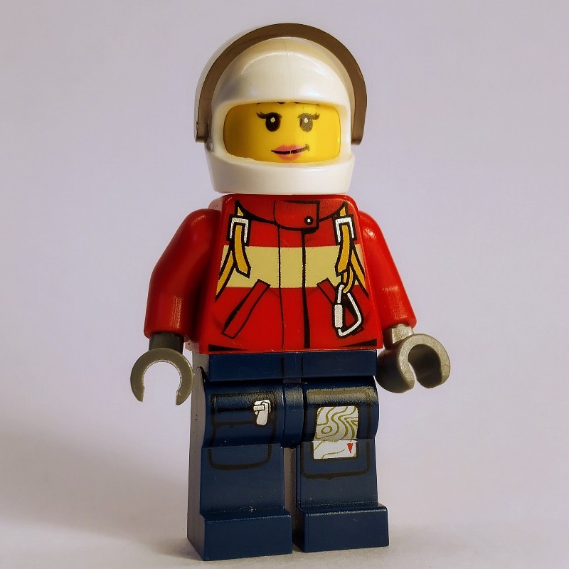 LEGO Set fig-008026 Firewoman, Red Jacket with Straps, Dark Blue Legs ...