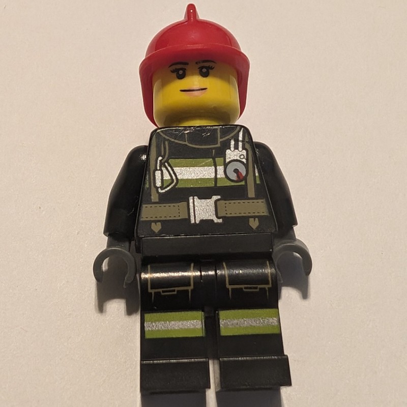 LEGO Set fig-008083 Firewoman, Black Fire Suit with Gauge and Straps ...