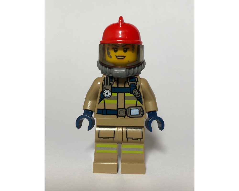 LEGO Set fig-008105 Firewoman, Dark Tan Fire Suit with Gauge and Straps ...