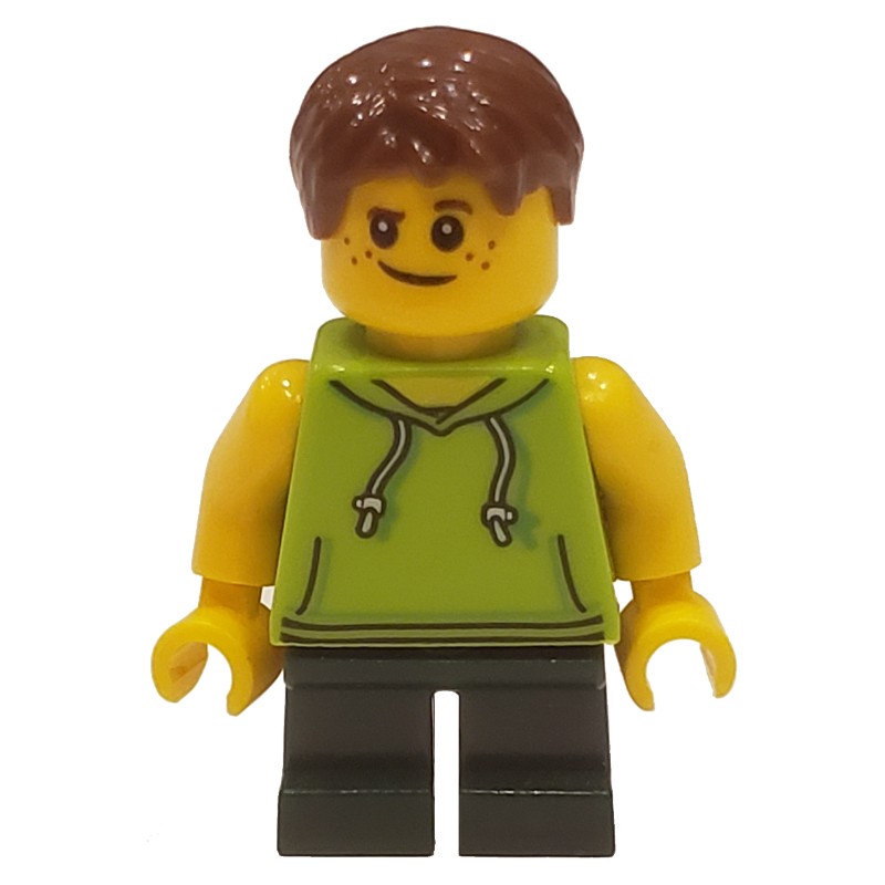 LEGO Set fig-008433 Kid, Lime Torso, Dark Green Legs, Dark Brown Hair ...