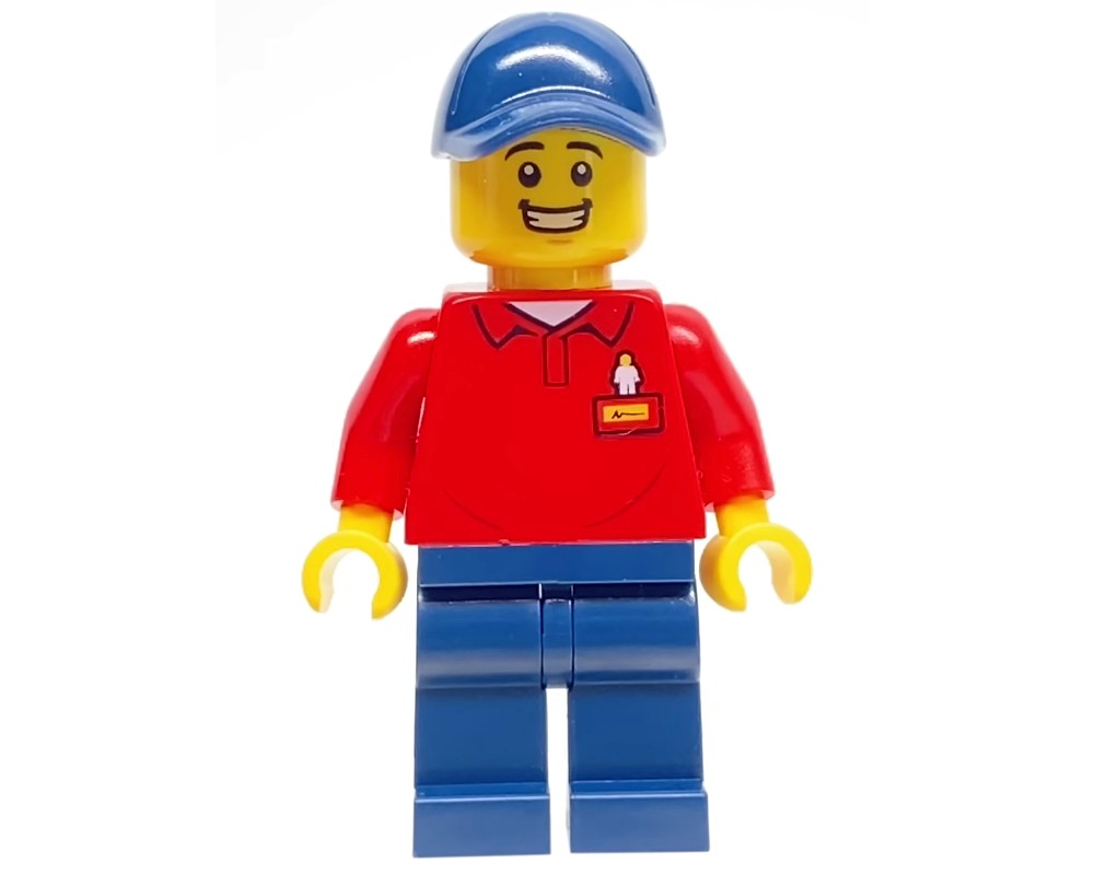 LEGO Set fig-008438 LEGOLAND Employee, Red Torso, Dark Blue Legs, Dark ...