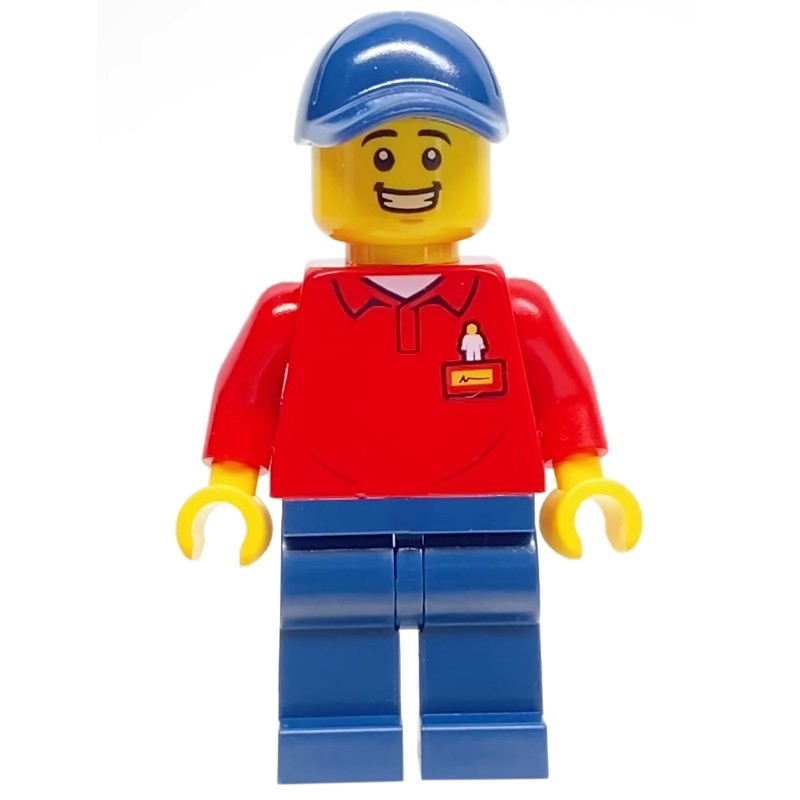 LEGO Set fig-008438 LEGOLAND Employee, Red Torso, Dark Blue Legs, Dark ...