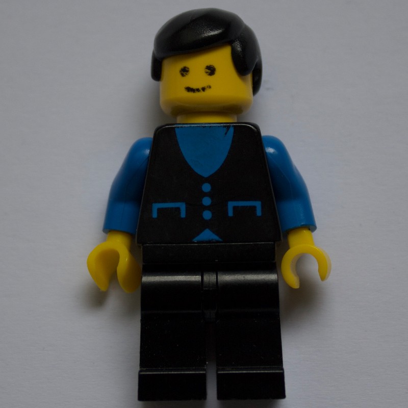 LEGO Set fig-008724 Man, Black Vest over Blue Shirt, Black Legs, Black ...