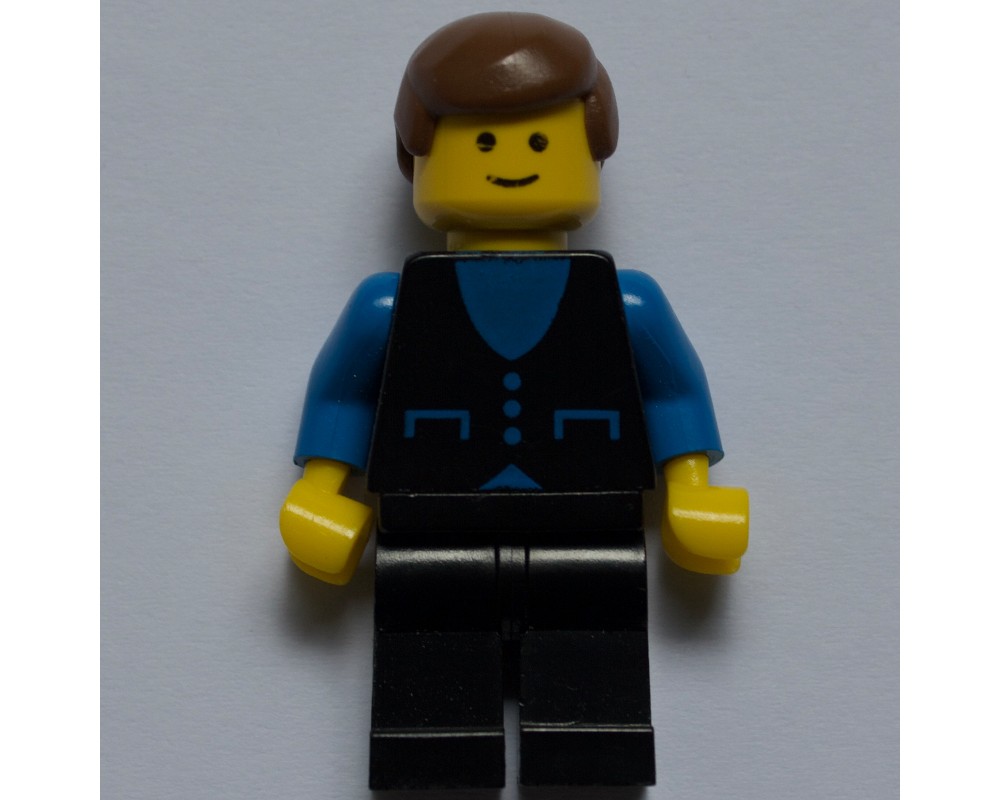 LEGO Set fig-008743 Man, Black Vest over Blue Shirt, Black Legs, Brown ...