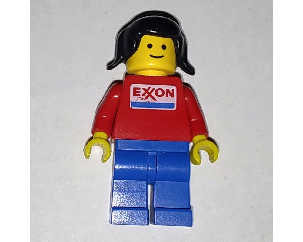 LEGO Set fig-008810 Woman, Red Torso with Exxon Logo, Blue Legs, Black ...