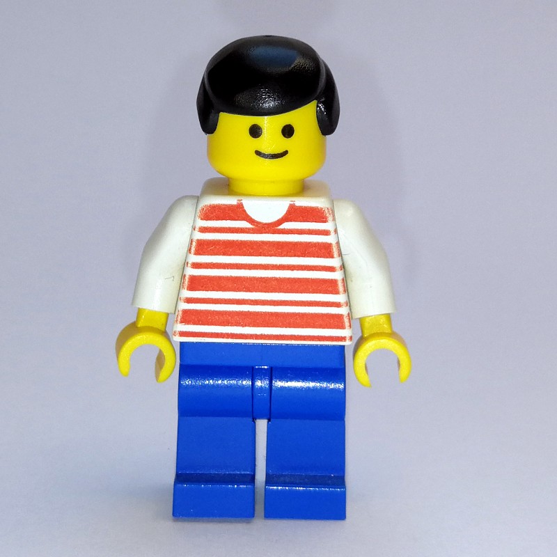 LEGO Set fig-008986 Man, Red and White Striped Shirt, Blue Legs, Black ...