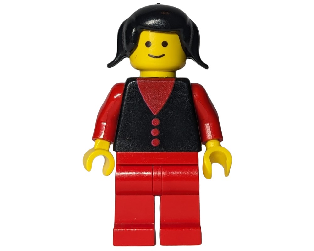 LEGO Set fig-008996 Woman, Black Vest over Red Top, Red Legs, Black ...