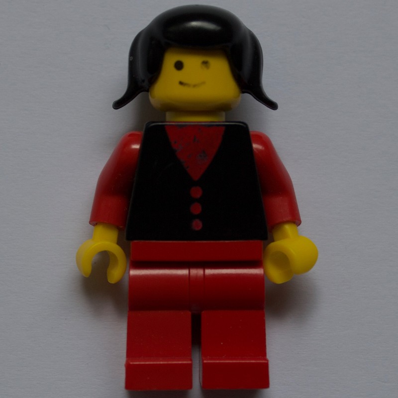 LEGO Set fig-008996 Woman, Black Vest over Red Top, Red Legs, Black ...