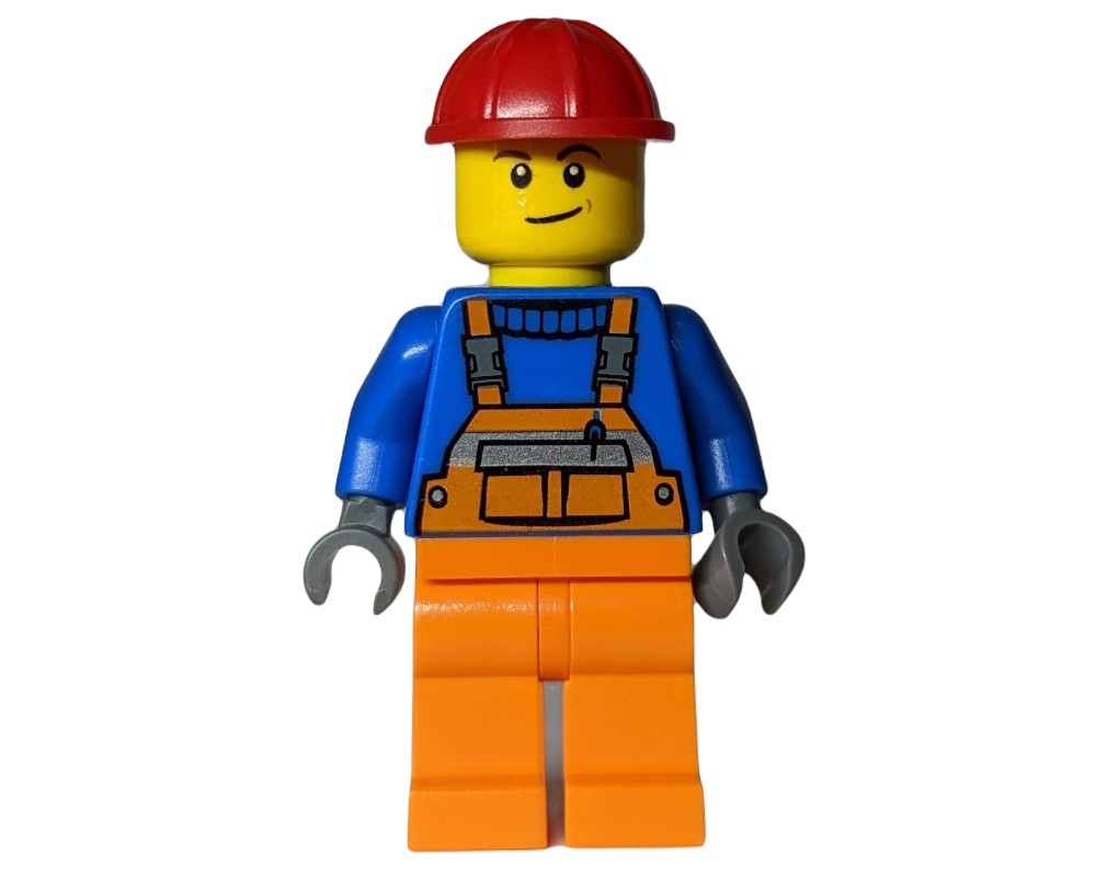 LEGO Set fig-009148 Worker, Orange Overalls over Blue Sweater, Red Hard ...