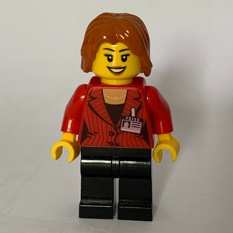 LEGO Set fig-009291 Reporter, Red Jacket, Black Legs, Dark Orange Hair ...