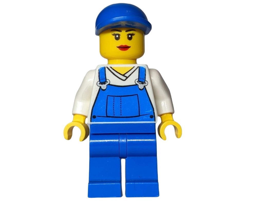 LEGO Set fig-009293 Woman, Blue Overalls over White V-Neck Shirt, Blue ...